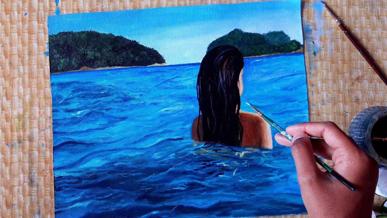 Girl floating in water painting| girl in water acrylic painting time ...
