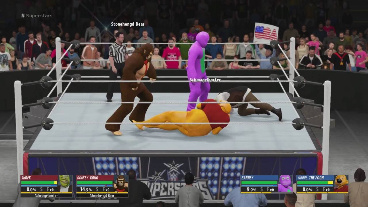 WWE 2K16: Two on Two - Extreme Rules - Barney and Winnie the Pooh vs ...