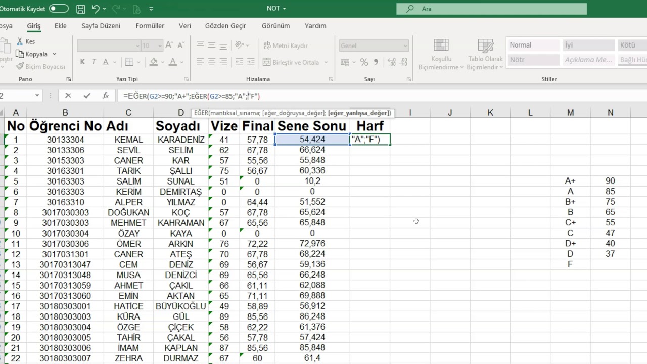 Excel Harf Notu Hesaplama Uygulaması Hocaların Not Verme Yöntemiyle ...