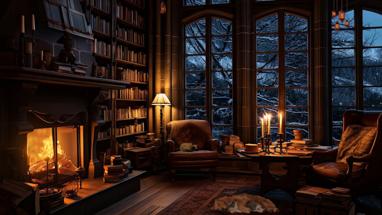 Cozy Library Room in Winter with Smooth Jazz Music, Crackling Fireplace ...