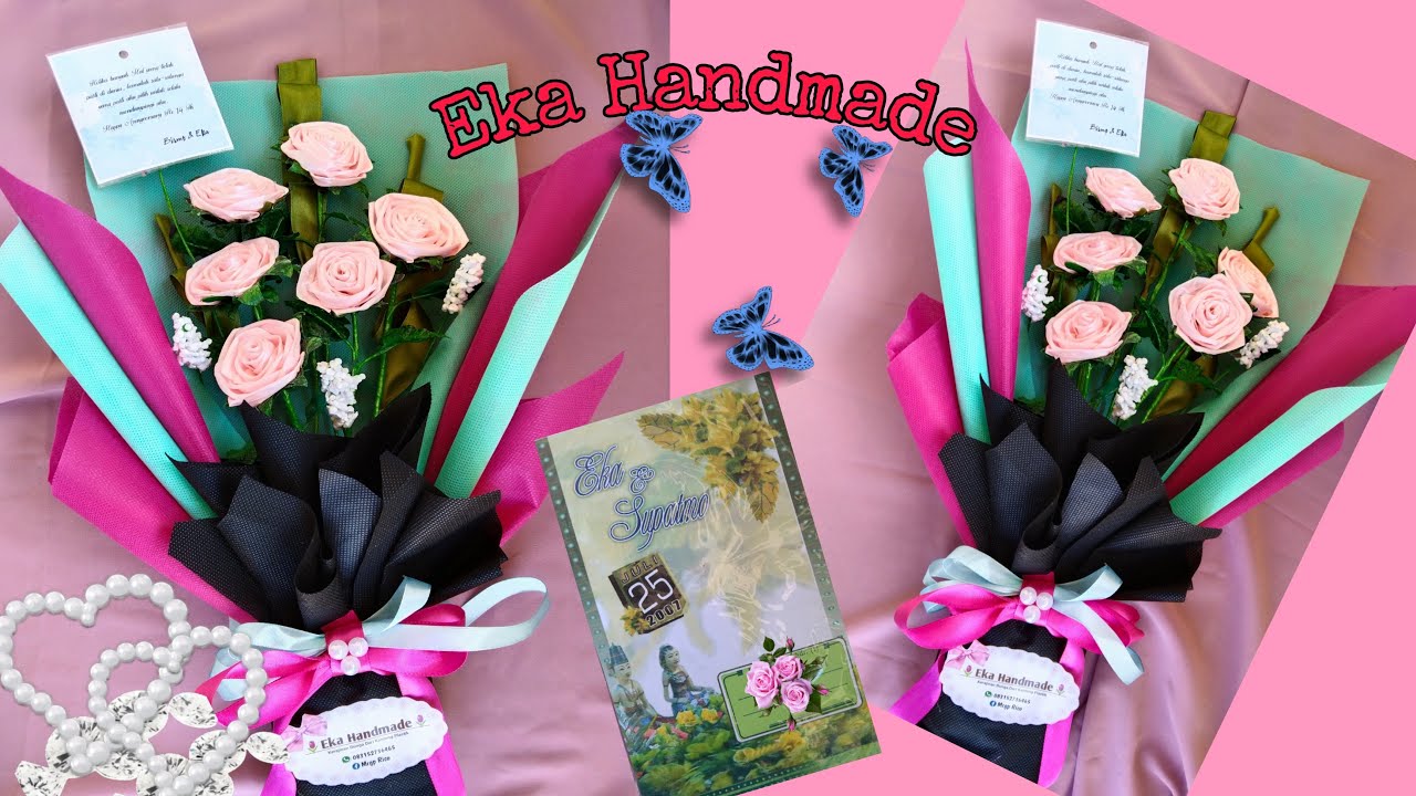 DIY//Cara Membuat Buket Bunga dari Pita Satin//Flower Bouquet ...