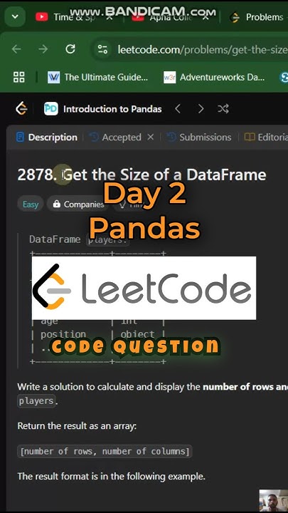 Day 2 Solving Pandas Leetcode Problems Get The Size Of A Dataframe Shorts Python