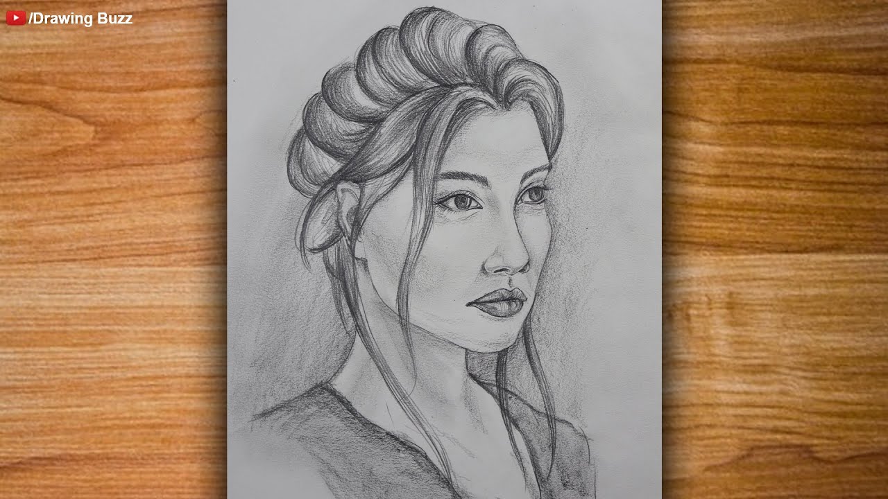A girl with Beautiful Hair Pencil Sketch Drawing - How to draw a girl ...