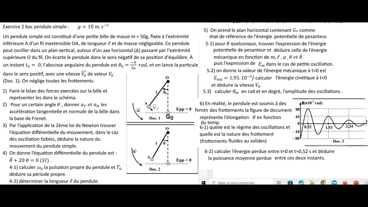 Exercice pendule simple 2bacoscillation sans frottement et avec ...