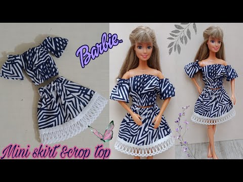 DIY - Mini skirt & off shoulder crop top for Barbie doll |How to make doll dress||A-Doll designer❤️