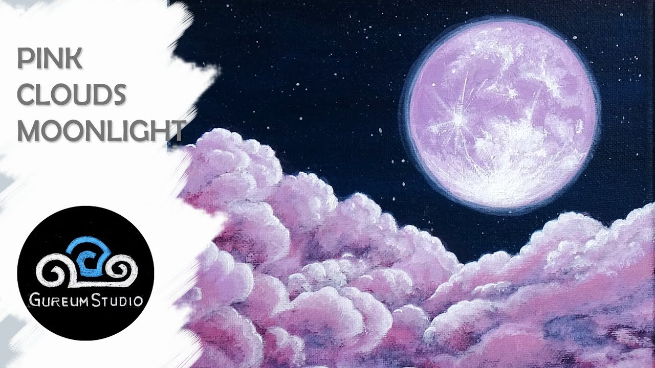 Acrylic Painting Pink Clouds Moonlight | Night Sky with Full Moon ...