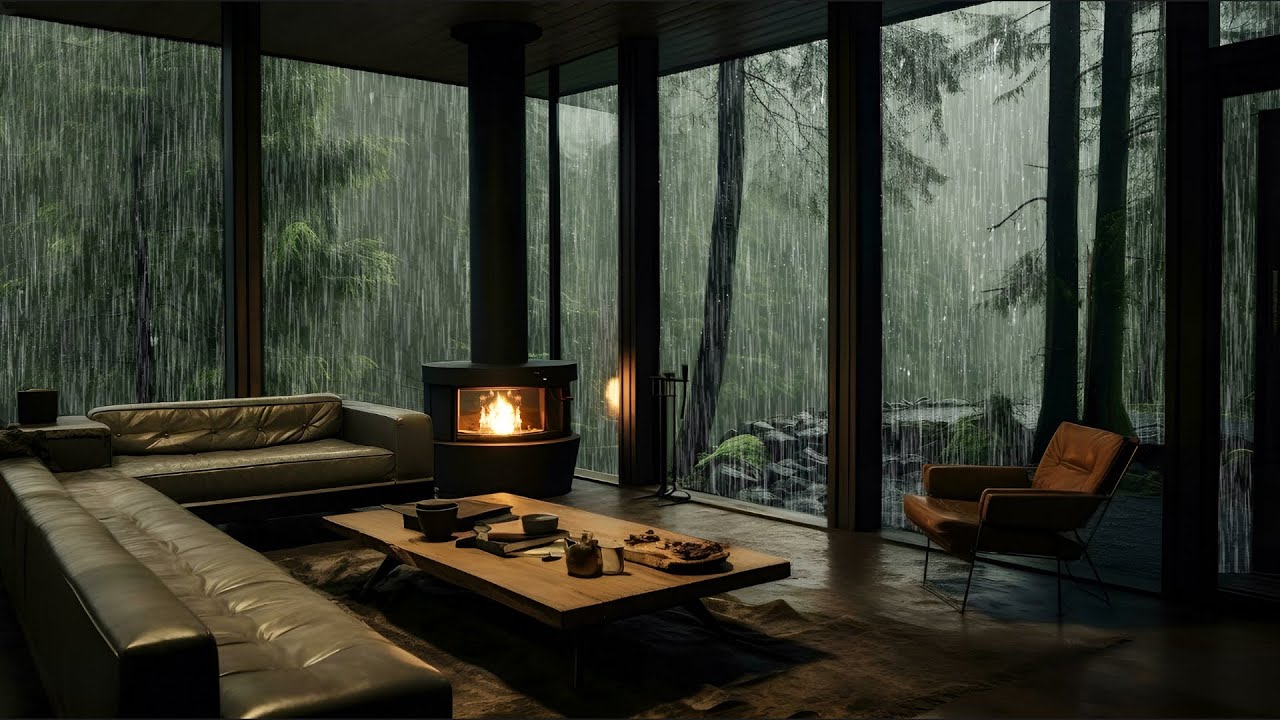Big lounge in a rainforest retreat with large windows on a rainy day ...