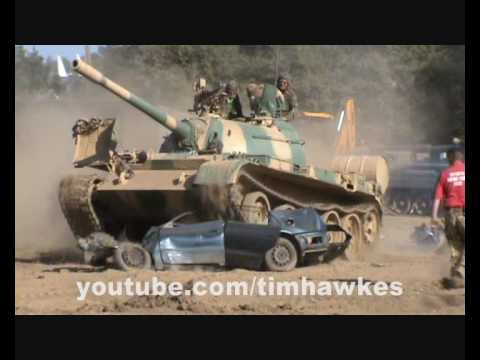 T-54 crushes two cars, crazy tank driving - YouTube