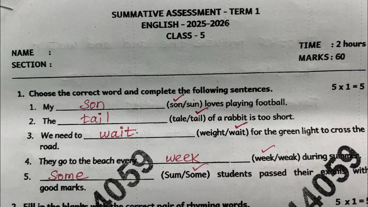 5th std term-1 English quarterly question paper key answers…2025-26 ...