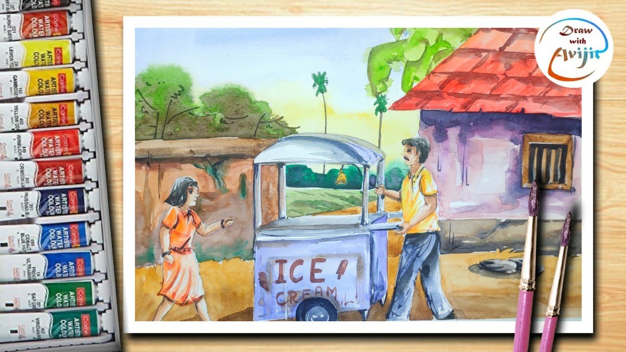 Easy summer season scenery subject drawing//beautiful Watercolour ...