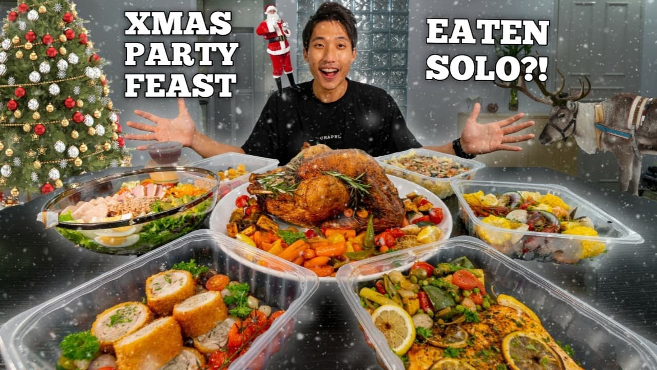 MASSIVE CHRISTMAS PARTY FEAST SOLO! | HUGE Roasted Turkey Feast Mukbang ...