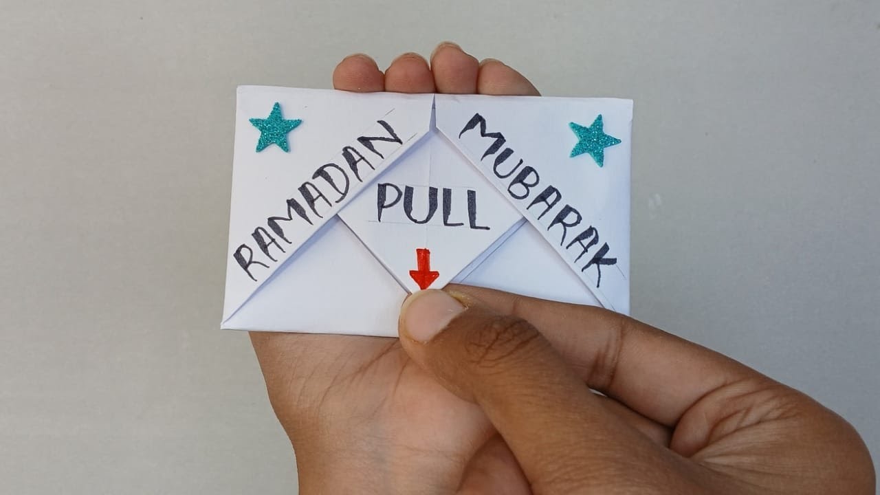 White Paper Pull Tab Origami Card For Ramadan Mubarak | Surprise ...
