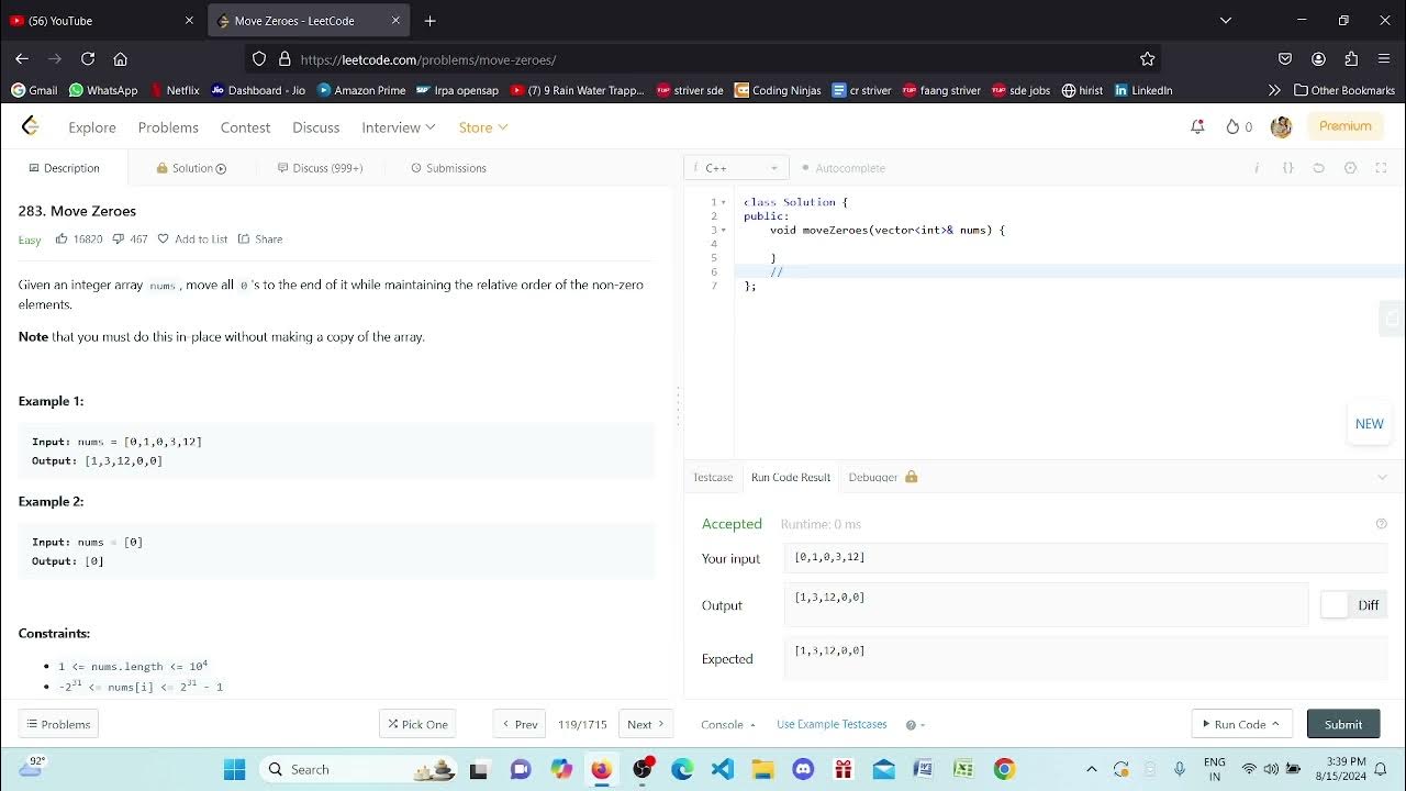 Move Zeroes | LeetCode problem 283 | Question 1 - YouTube