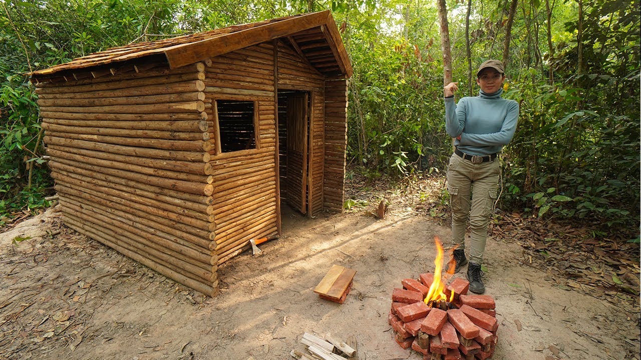 Building Complete Survival Log Cabin Shelter - YouTube