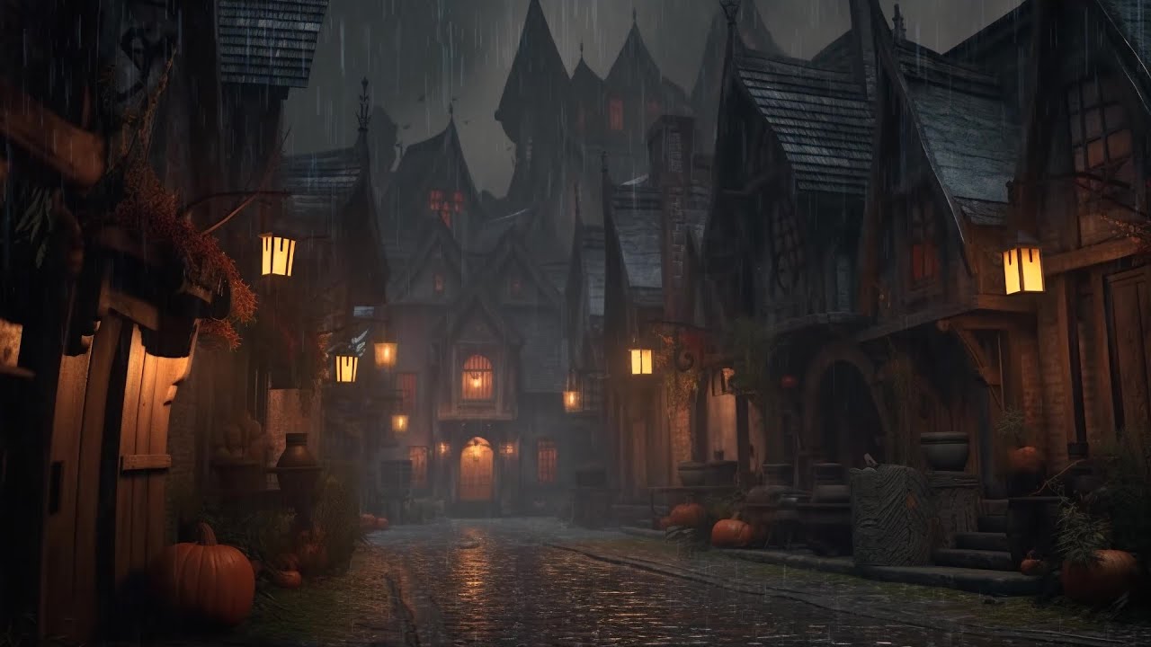 Gentle Rain On Halloween Night In The Quiet And Magical Hogsmeade ...