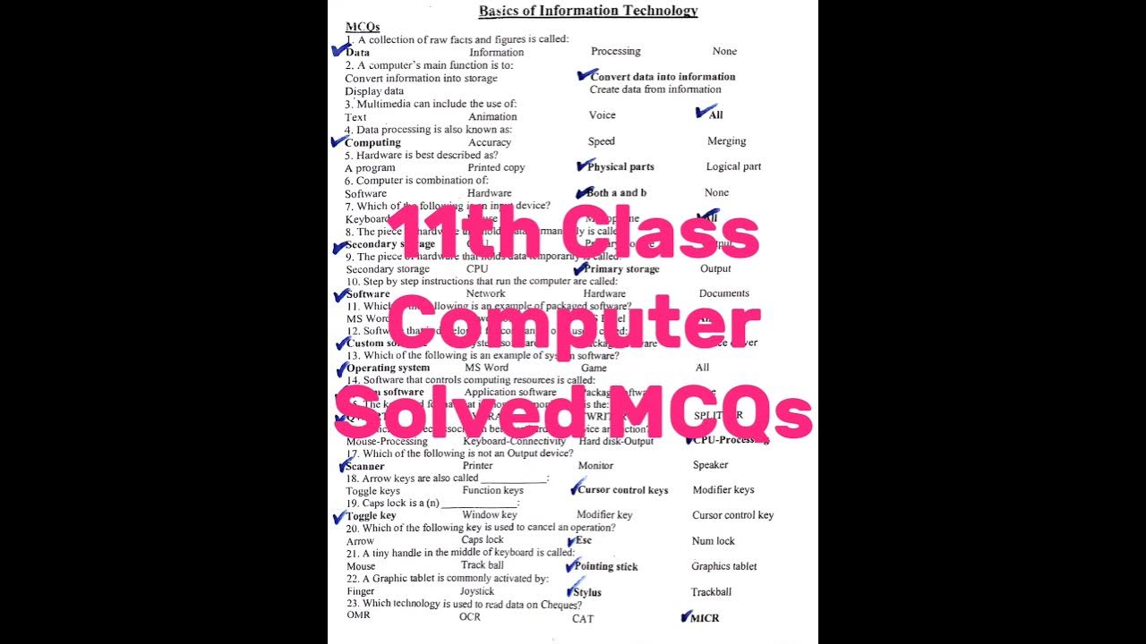 11th Class Computer Solved MCQs 2024|1st Year ICS Computer MCQs 2024|11th Computer MCQs ...