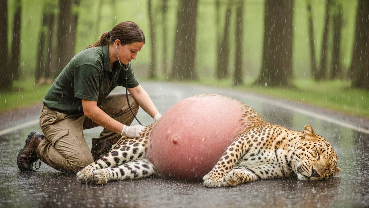 The leopard lay unconscious with its belly bulging, and everyone ...