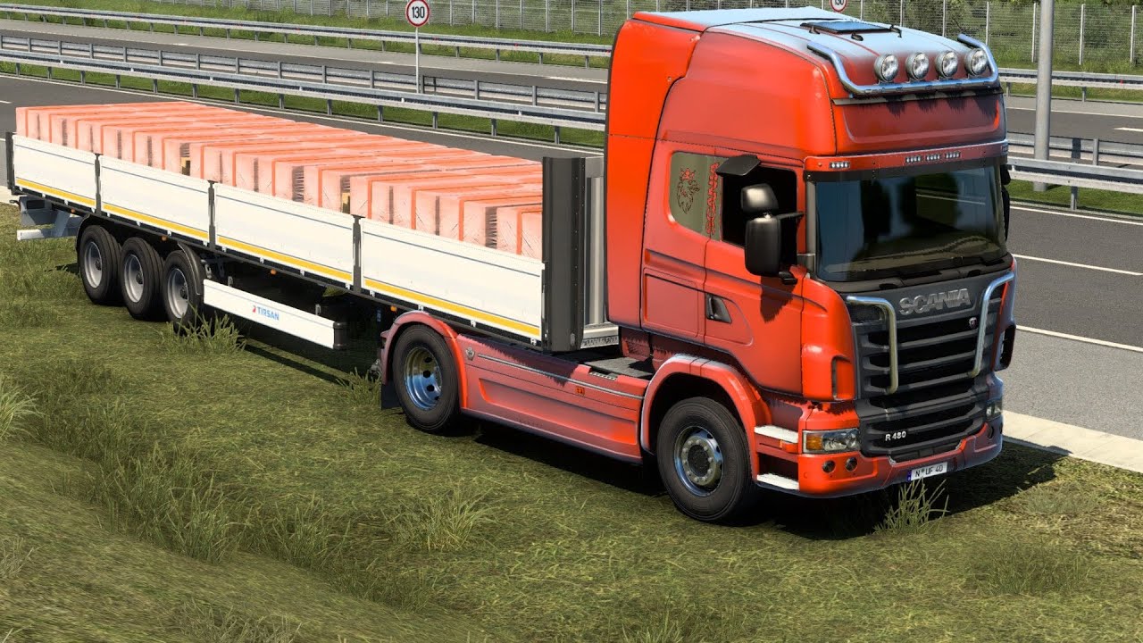 ETS 2 - Scania R + TIRSAN Platform with Sideboards Trailer Transporting Bricks from Nis Part 2 ...