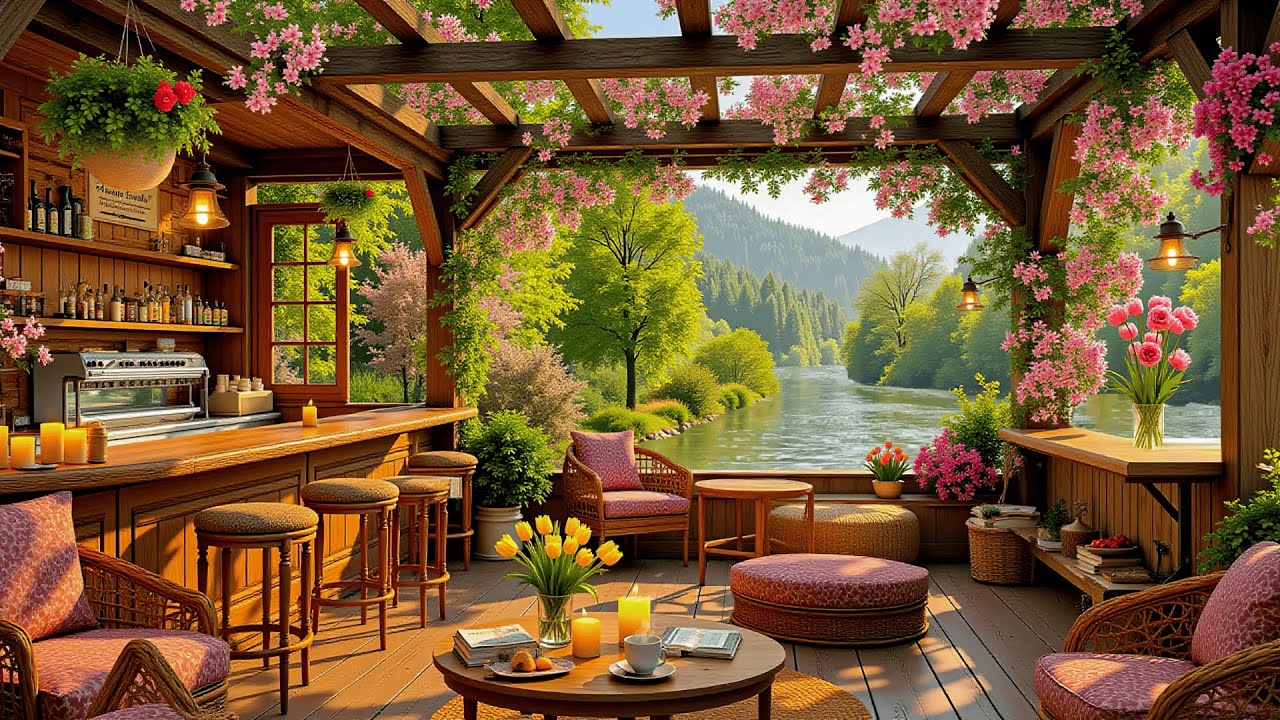 Spring Coffee Shop Ambience & Smooth Jazz Music 🌸 🌷 Coffee Time [ Study ...