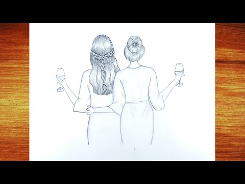 how to draw two best friends | 2 best friends drawing easy girl | best ...
