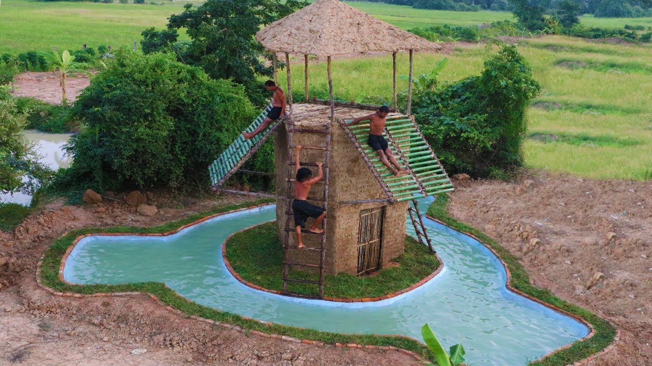 Build Mud House And Twin Bamboo Slides Around House And Build Big ...