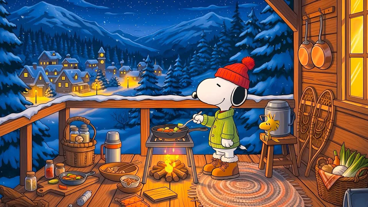 Snoopy’s Cozy Winter Cabin Cooking Night — Warm Snowy Jazz Ambience for ...
