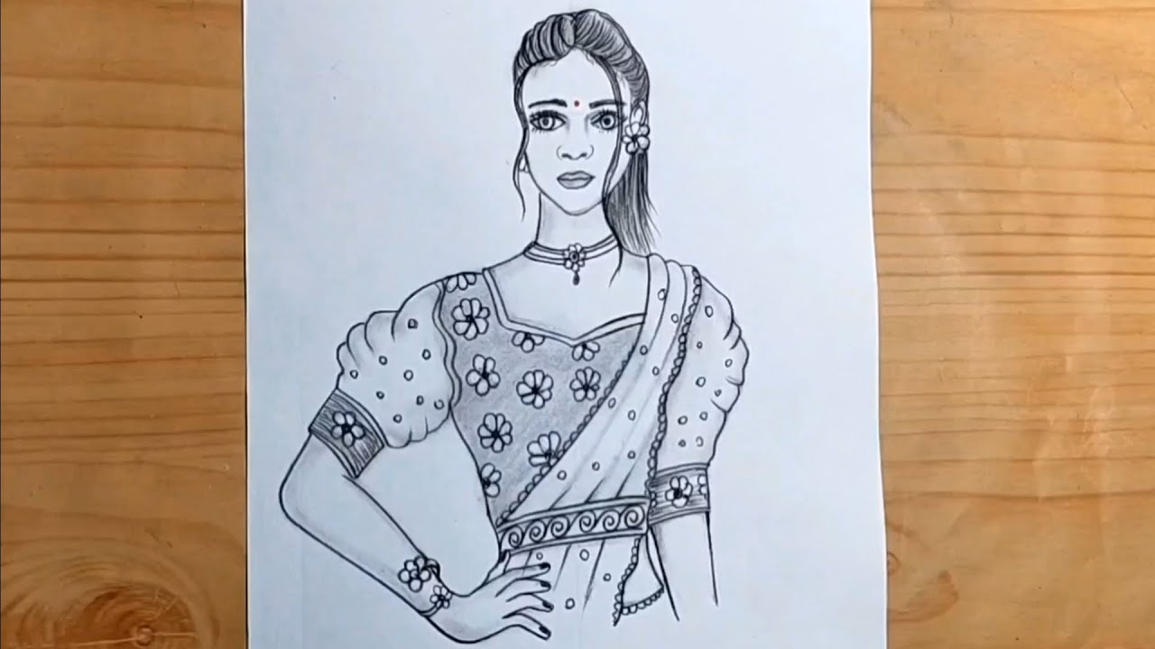 How to draw a Traditional Girl with Saree Easy | Saree Drawing | girl ...