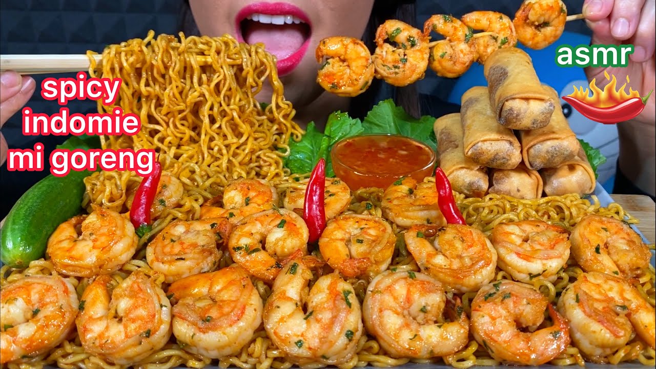 ASMR EATING SPICY INDOMIE MI GORENG GARLIC SHRIMP EGG ROLLS HOT CHILI ...