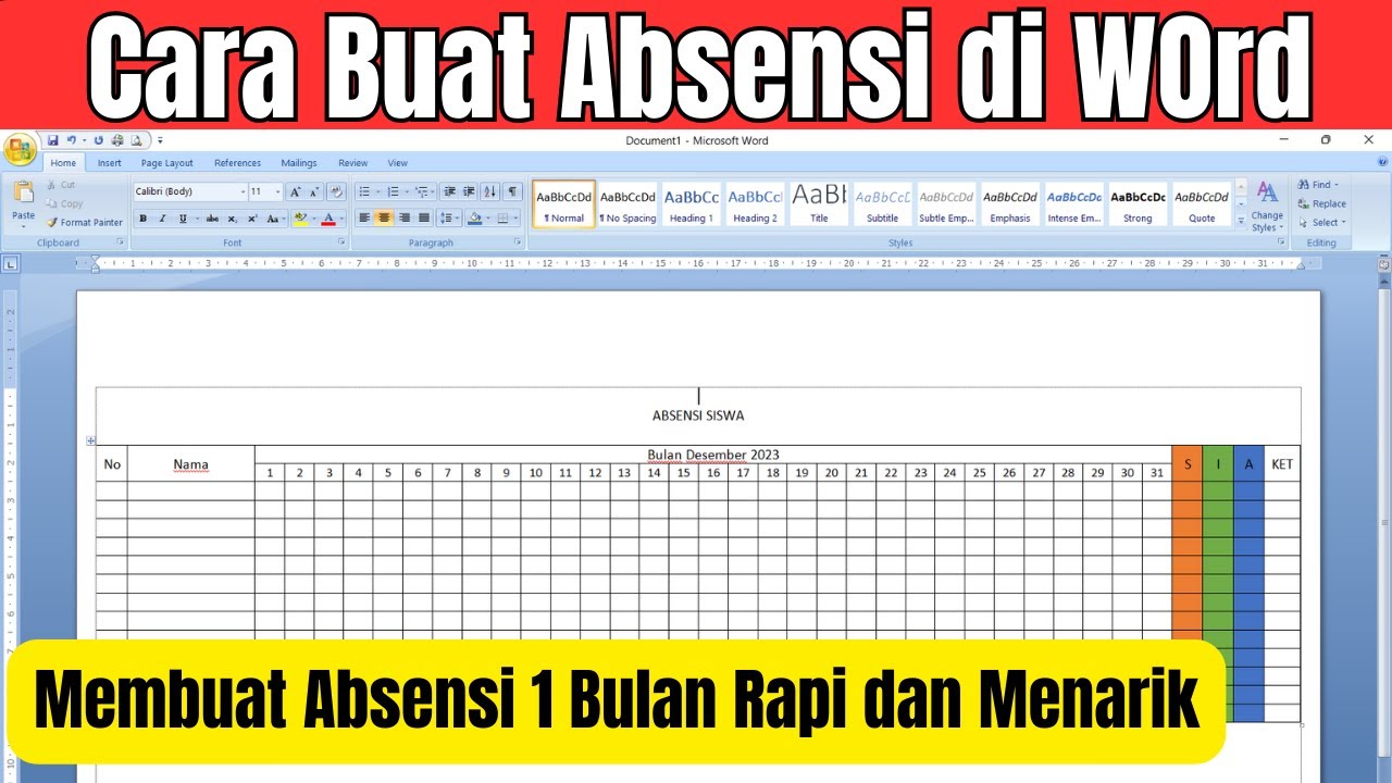 Cara Membuat Daftar Hadir atau Absensi di Word 1 Bulan - YouTube