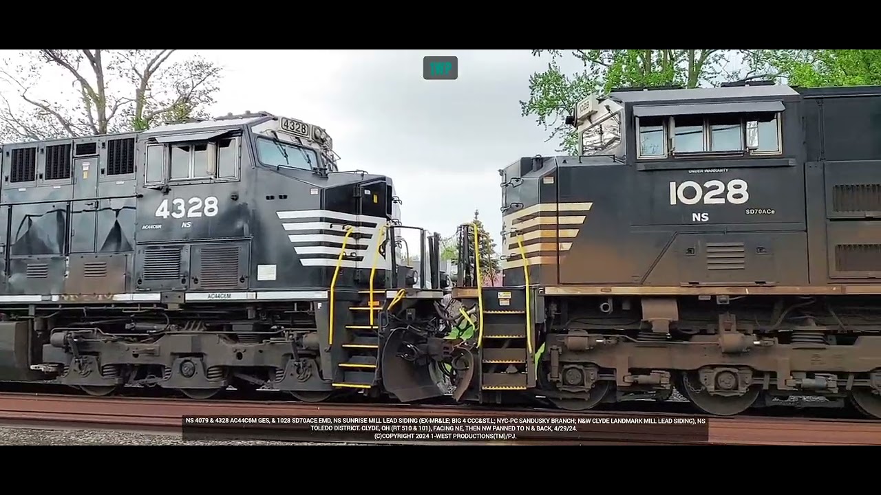 NS Norfolk Southern 4079 & 4328 AC44C6M GEs, & 1028 SD70ACe EMD Locomotives, 4/29/24 Train Video ...
