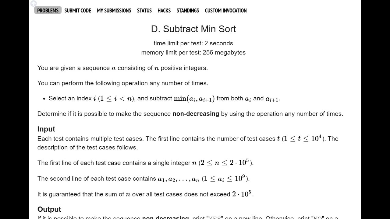 D Subtract Min Sort Codeforces Problemsolving C Div3 Youtube 1975
