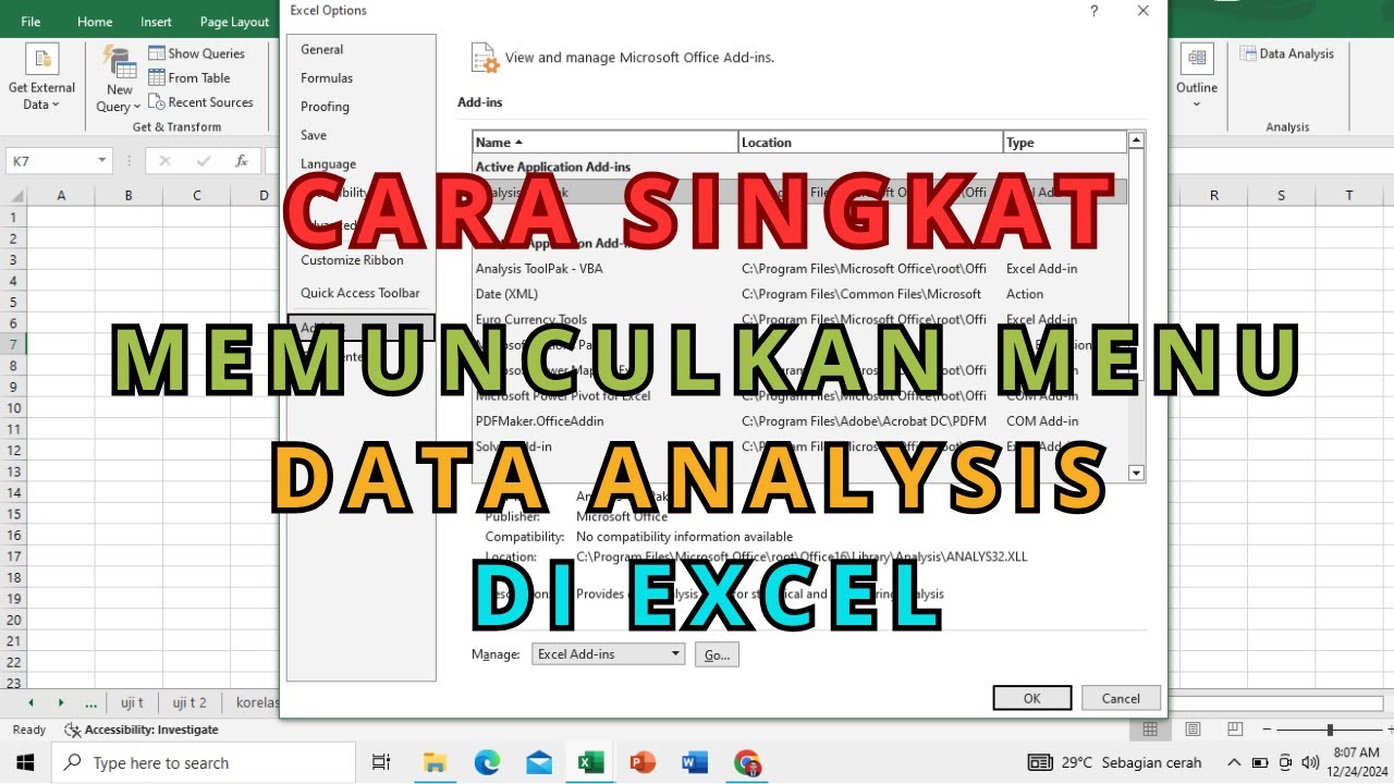 CARA MEMUNCULKAN MENU DATA ANALYSIS DI EXCEL DENGAN MUDAH - YouTube