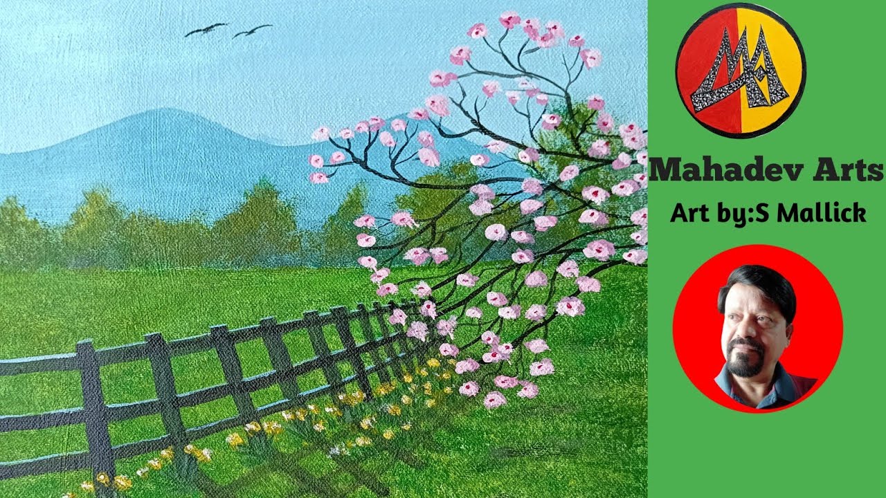 Spring Scene View In Acrylic Colour On Canvas|| Painting For Beginners ...