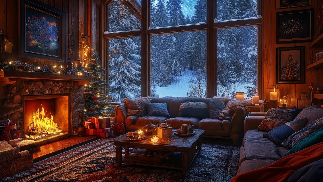 Cozy rustic log house in winter. Blizzard, snow falling, crackling ...