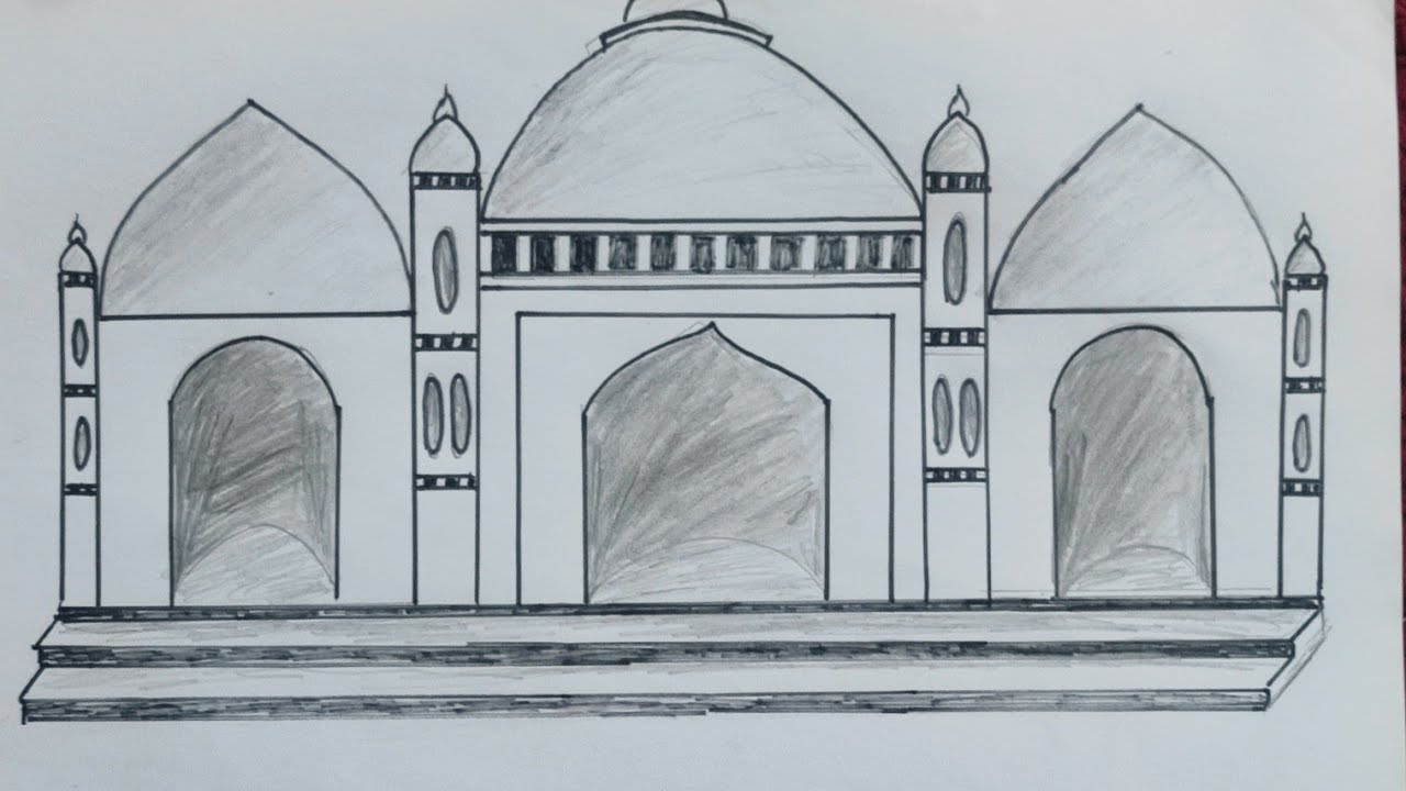 How to draw a mosque very easily step by step || Mashjid Drawing ...