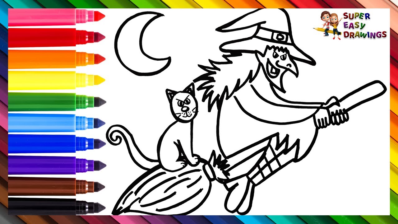 How To Draw A Witch 🧙‍♀️🧹🖤😾🌙 Drawing and Coloring a Witch 🧙‍♀️ ...