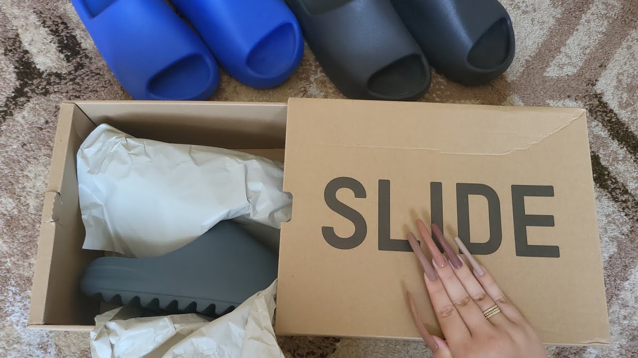 REVIEW YEEZY SLIDE SLATE MARINE SIZING & COLOR WITH ONYX & AZURE - YouTube