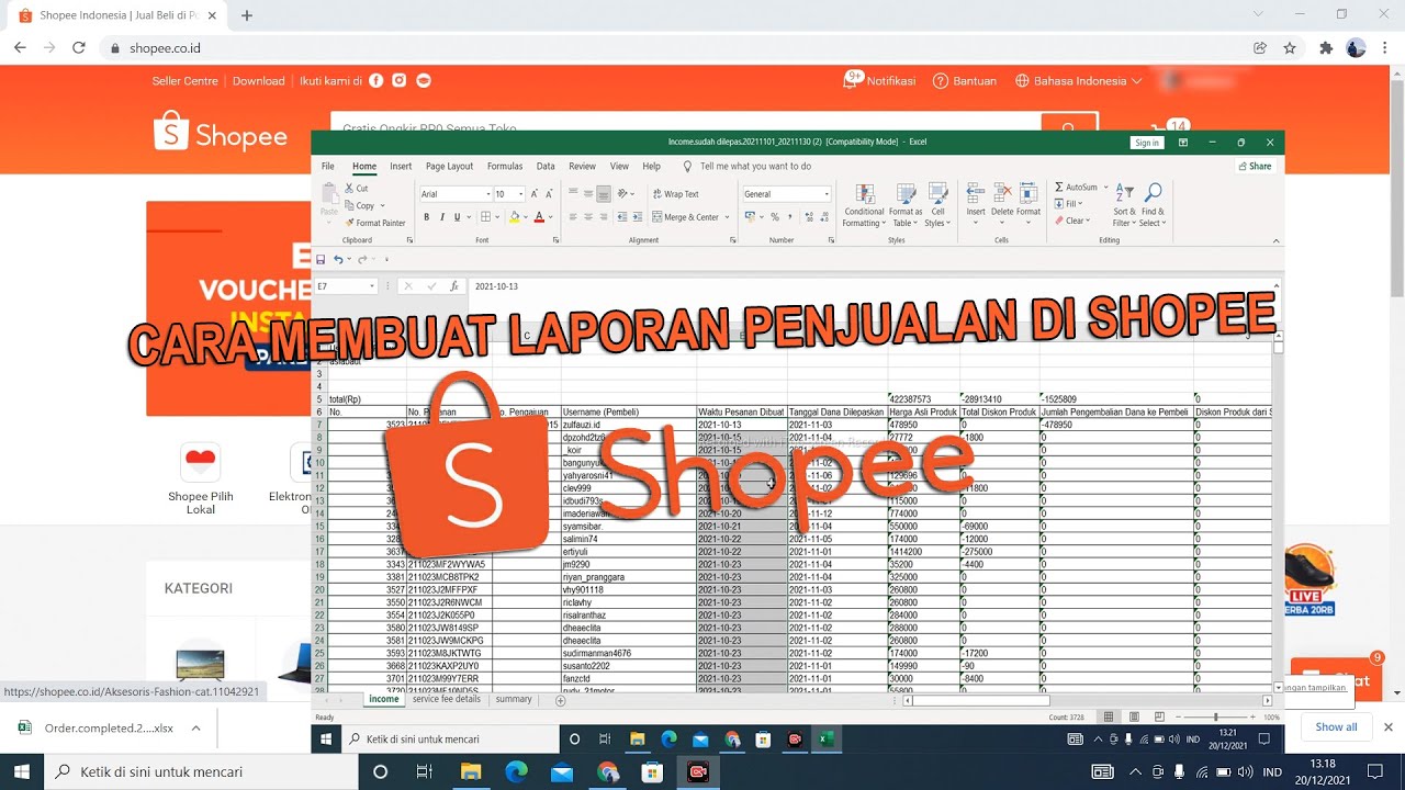 CARA MEMBUAT LAPORAN PENJUALAN DI SHOPEE FULL DATA PENJUALAN - YouTube
