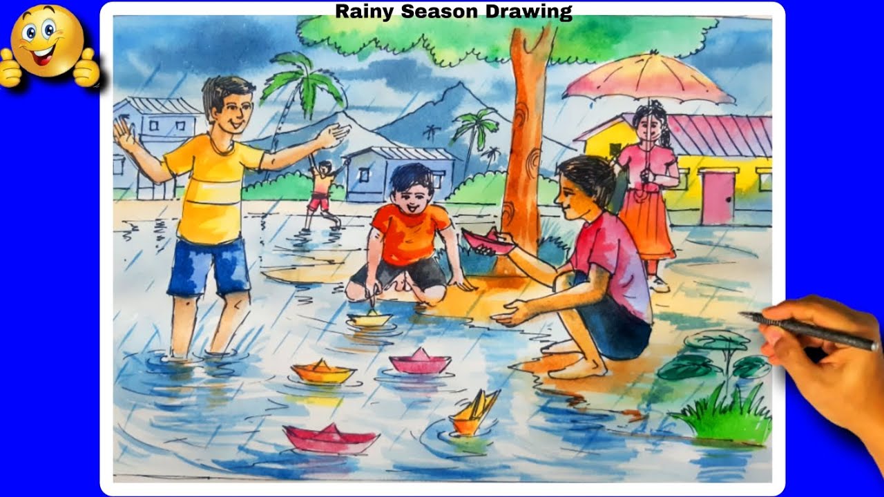 पावसात खेळणारी मुले / rainy season painting - YouTube