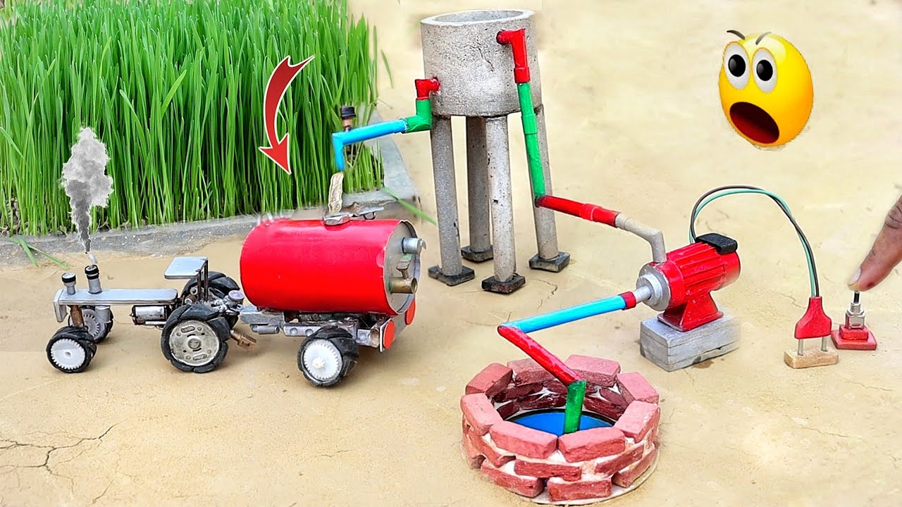 diy tractor mini well water pump diesel engine science project - YouTube