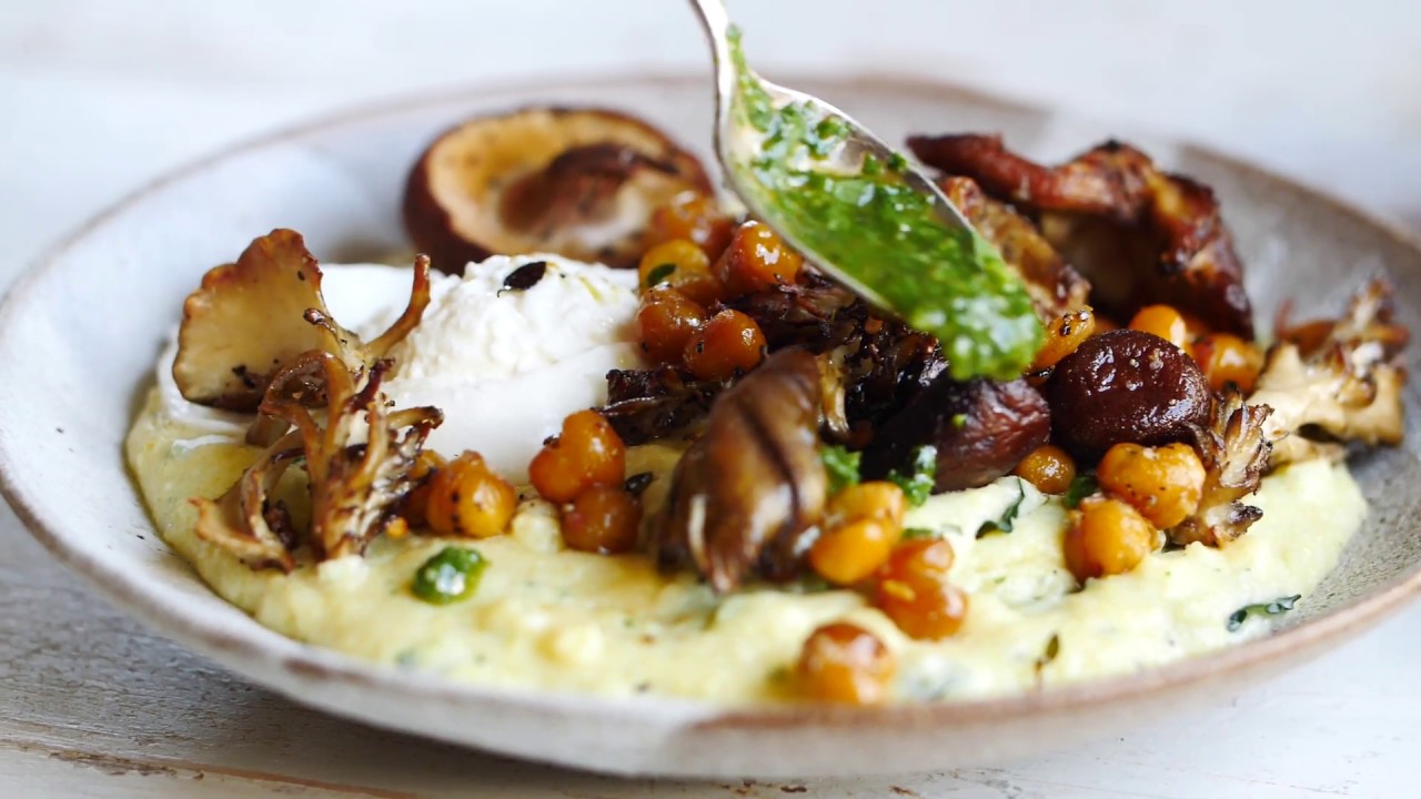 pesto polenta with thyme roasted mushrooms and chickpeas - YouTube