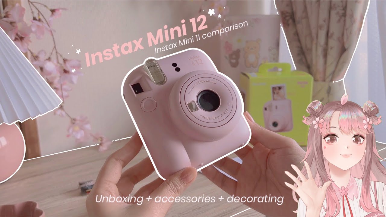 instax mini 12 vs 11 camera 🌸 pink aesthetic unboxing, accessories ...