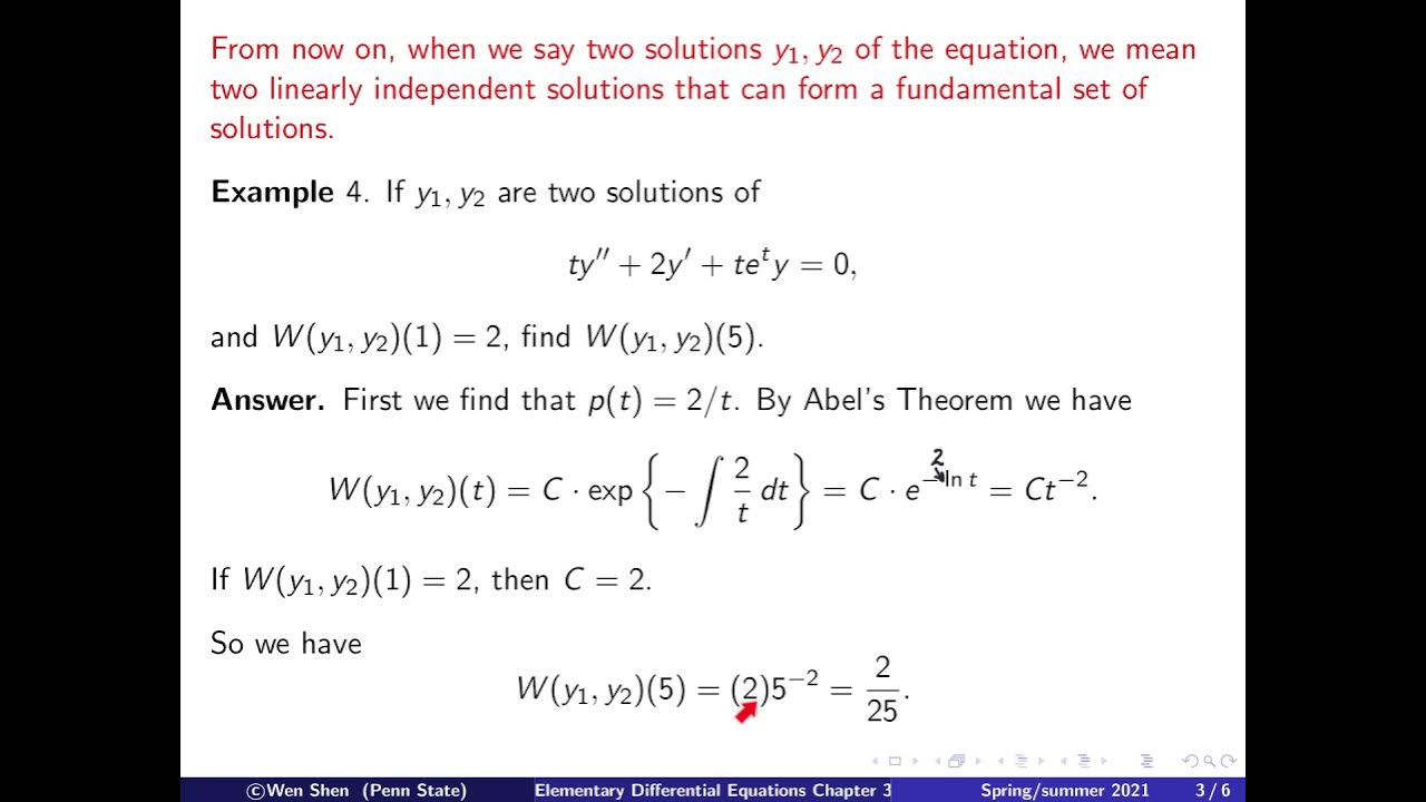 Video3-6: Abel's Theorem; Examples and Applications. Elementary Differential Equations - YouTube