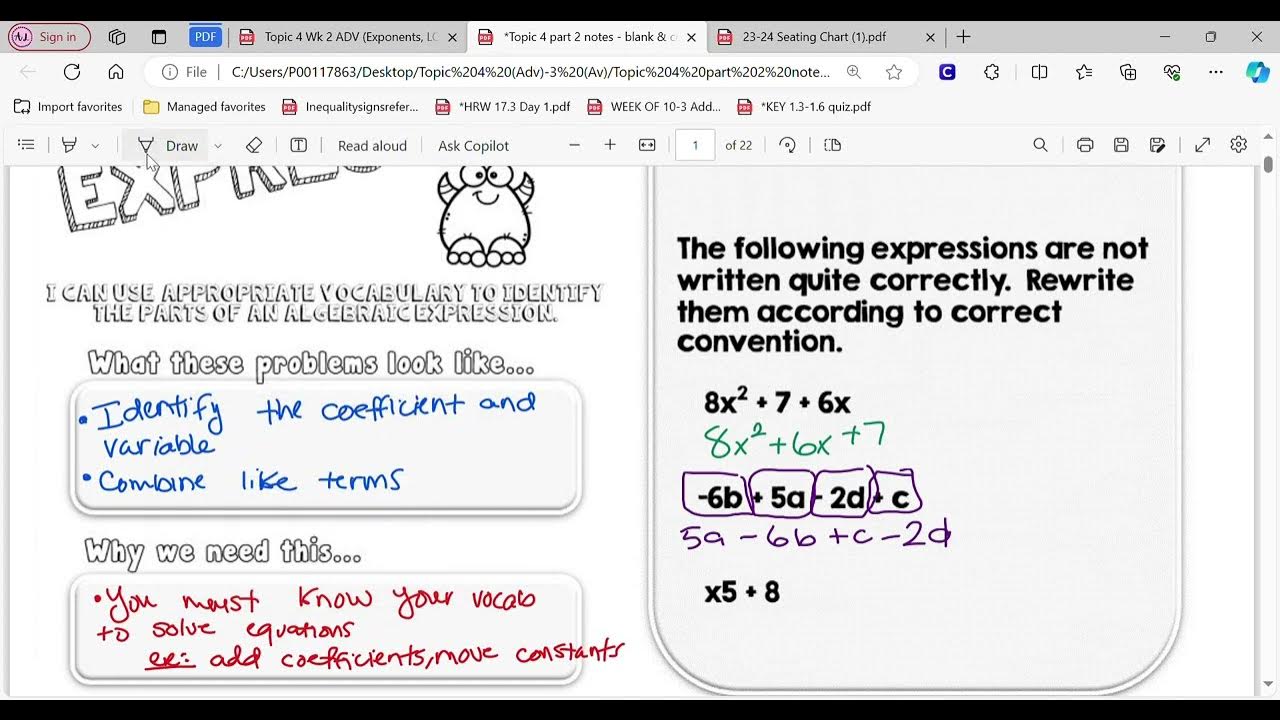 Parts of an Algebraic Expression, Translating Phrases into Expressions ...