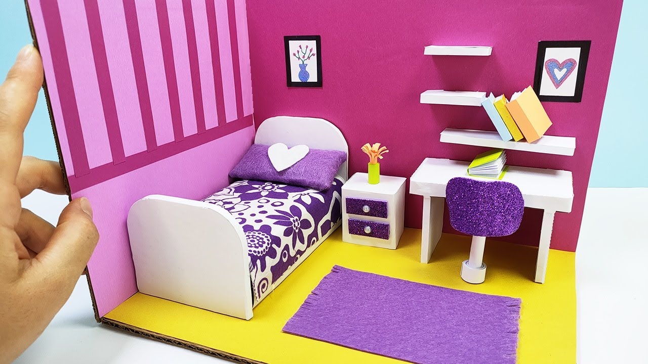 DIY Miniature Cardboard House | Pink Bedroom & Purple Decor - YouTube
