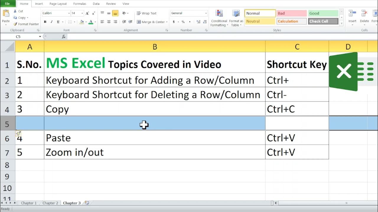 Ch3, MS Excel I Add and Delete Row and Column Keyboard shortcut I Zoom In and Zoom Out I XL ...