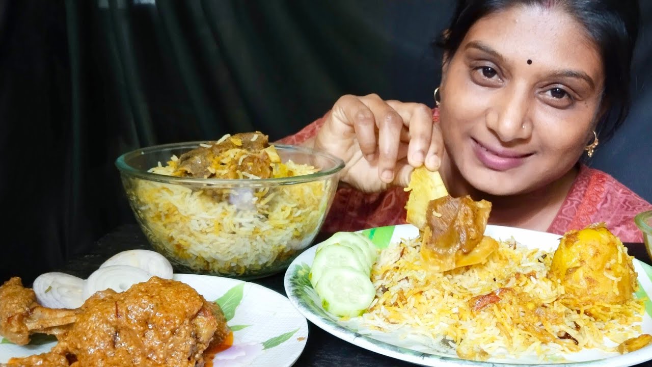 Eating MUTTON BIRIYANI WITH CHICKEN CHAP, RAYTA, SALAD। INDIAN GIRL ...