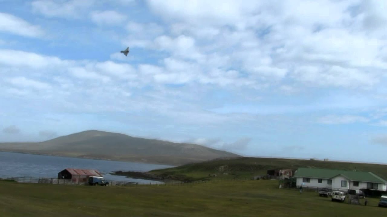 Santa flies over Pebble Island, Falkland Islands in a Typhoon fighter ...