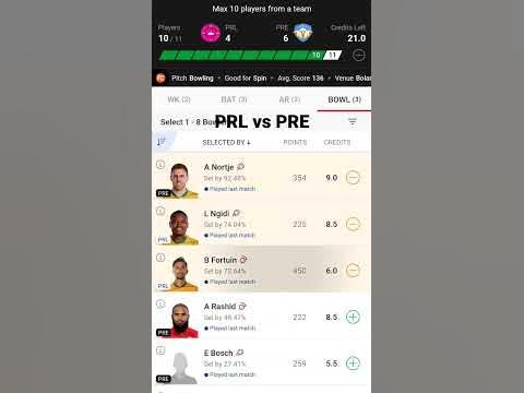 PRL vs PRE Dream11 Team & 90-95% winning🏆💪team & game changer players & final team telegram ...