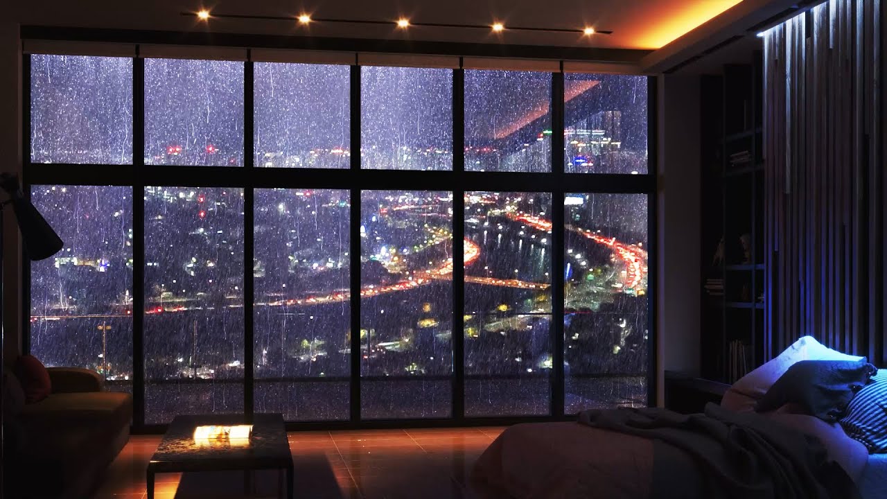 Heavy Rain Sound In A Luxurious Bedroom With A Great City View Youtube